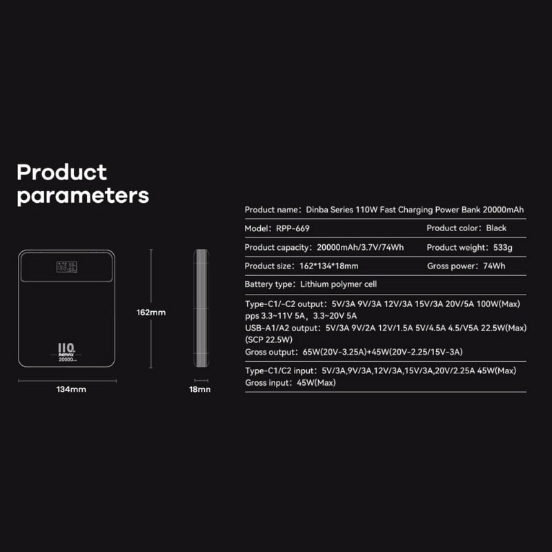 Remax 110W Dinba Series Computer Power Bank PD + QC [RPP-669] [20K mAh ...